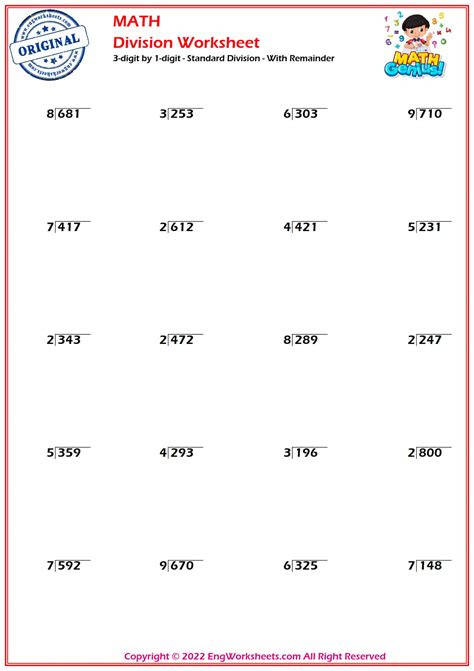 Divide 3 Digit By 1 Digit With Remainder Worksheets And Exercise