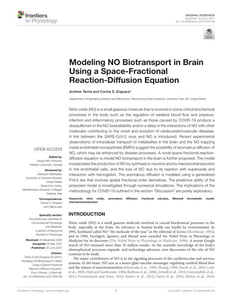 Pdf Modeling No Biotransport In Brain Using A Space Fractional Reaction Diffusion Equation