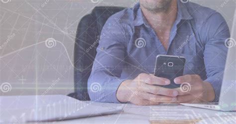 Image Of Graphs Binary Codes Trading Board Over Caucasian Businessman Using Smartphone Stock