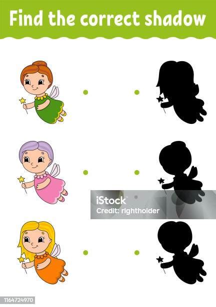 올바른 그림자를 찾습니다 선을 그립니다 교육 개발 워크 시트 아이들을위한 게임 활동 페이지 아이들을위한 퍼즐 유치원 수수께끼 격리된 벡터 그림입니다 만화 스타일입니다 0명에