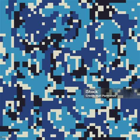 겨울 픽셀 위장 패턴 배경 원활한 벡터 클래식 한 밀리터리 의류 스타일입니다 육군 위장을 마스킹 직물에 배경 화면 또는 인쇄에 대한 반복 인쇄 블루 바다 색상 해양 질감
