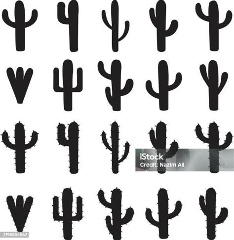 트렌디한 블랙 채우기 스타일의 Cactus 아이콘 세트입니다 사막 기호 식물 식물 식물 정원 여름 열대 그림 낙서 벽지 벡터 실루엣 디자인의 큰 팩은 투명한 배경에 고립되어