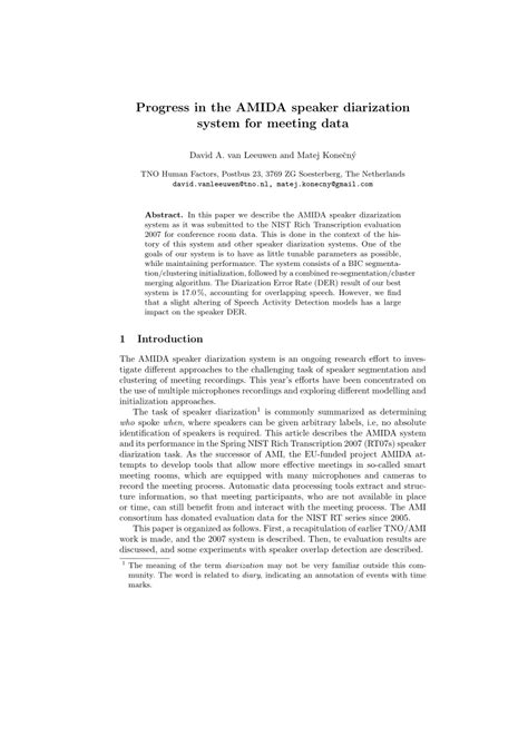 Pdf Progress In The Amida Speaker Diarization System For Meeting Data
