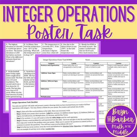Integer Operations Poster Task By Math By B Squared Tpt