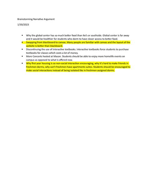 Narrative Argument Brainstorm Brainstorming Narrative Argument 130