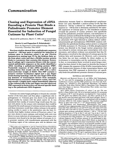 Pdf Cloning And Expression Of Cdna Encoding A Protein That Binds A Palindromic Promoter