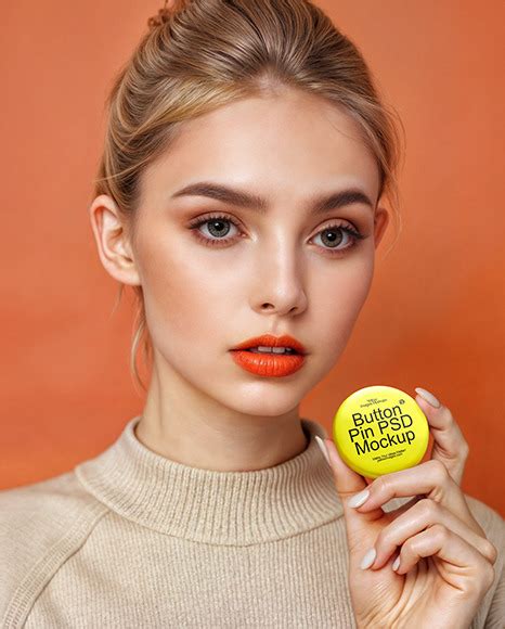 Young Woman Holding A Pin Back Button Mockup Free Download Images High Quality Png  138940
