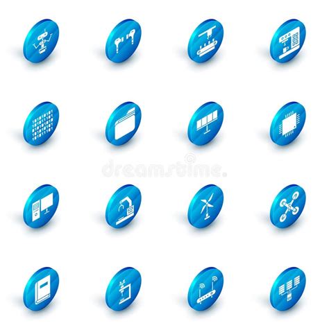 Set Air Headphones Factory Conveyor System Belt Coffee Machine Binary Code Computer Monitor