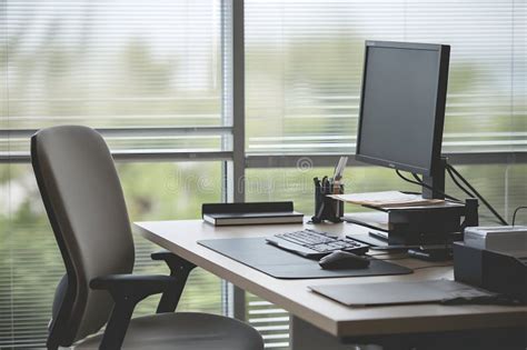 Office Desk Window Side Desk With Computer Stationery And Serene Outdoor Greenery Stock