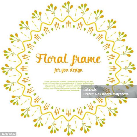 텍스트 장소와 자연 스타일의 방사형 꽃 프레임 배너 여름과 봄 축제 화환 민속 및 보헤미안 서클 일러스트옐로우와 그린 컬러 0명에 대한 스톡 벡터 아트 및 기타 이미지