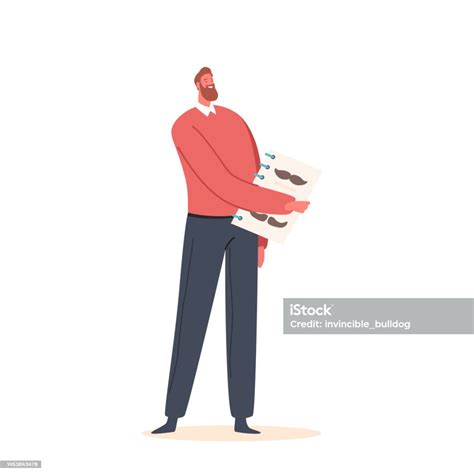 미용사 마스터는 이발소에서 고객에게 서비스를 제공합니다 콧수염 샘플을 들고 있는 트렌디한 이발사 남성 캐릭터 가위에 대한 스톡 벡터 아트 및 기타 이미지 Istock