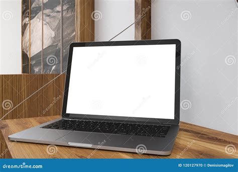 Mock Up Laptop Computer Screen Wooden Desk Stock Illustration Illustration Of Lamp Colour