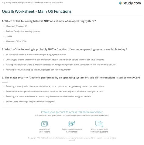 quiz and worksheet main os functions