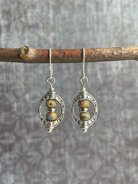 Silver Boho Earrings Rustic Silver And Tan Earrings Brown Dangle Earrings Small Dangle