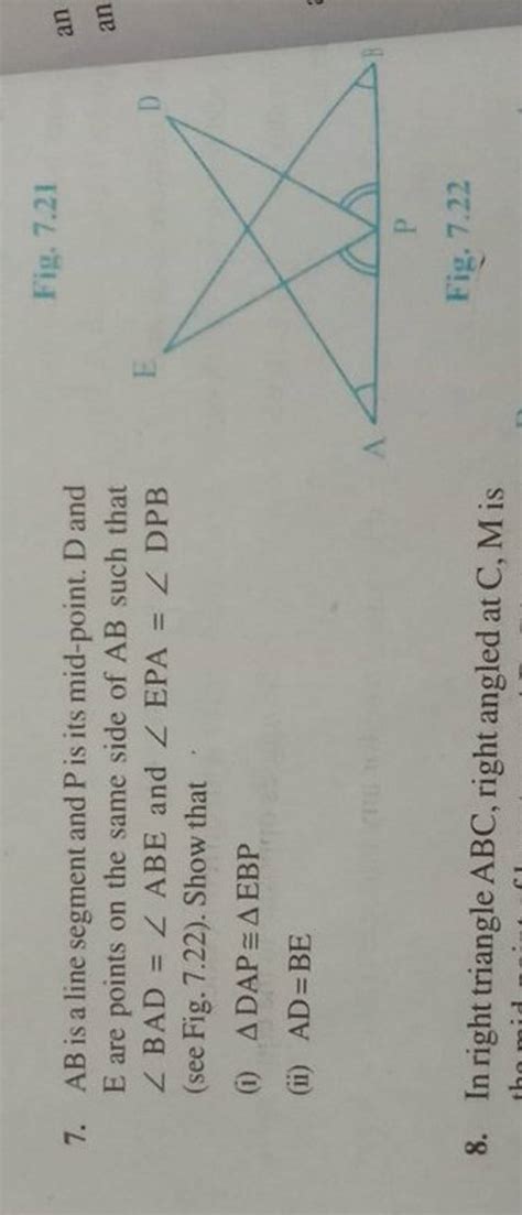 7 ab is a line segment and p is its mid point d and e are points on the