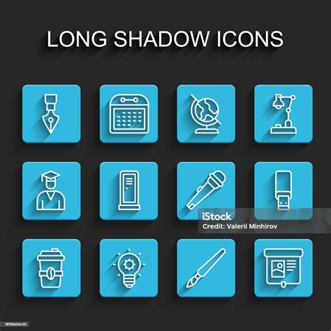 라인 커피 컵 전구 만년필 펜촉 페인트 브러시 프로젝션 스크린 사물함 또는 탈의실 Usb 플래시 드라이브 및 마이크 아이콘을 설정합니다 벡터 Usb 케이블에 대한 스톡 벡터