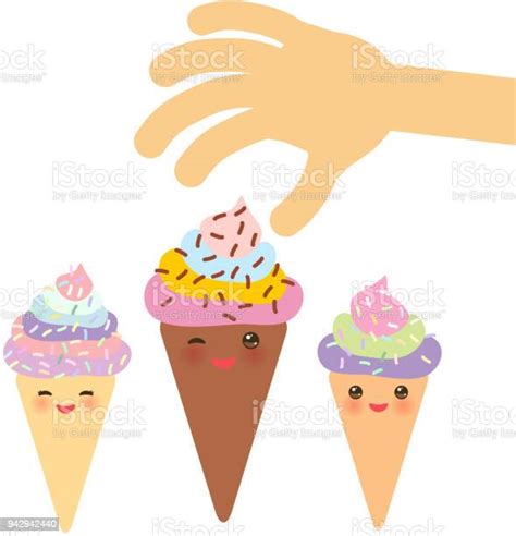 당신의 텍스트 아이스크림 카드 디자인에 대 한 서식 파일 배너 와플 콘 귀여운 분홍색 뺨과 윙크 눈 흰색 바탕에 파스텔 색상으로 재미 있는 총구 벡터 감정에 대한 스톡 벡터