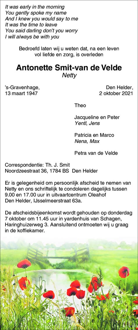 Antonette Netty Smit Van De Velde 02 10 2021 Overlijdensbericht En Condoleances Mensenlinq Nl