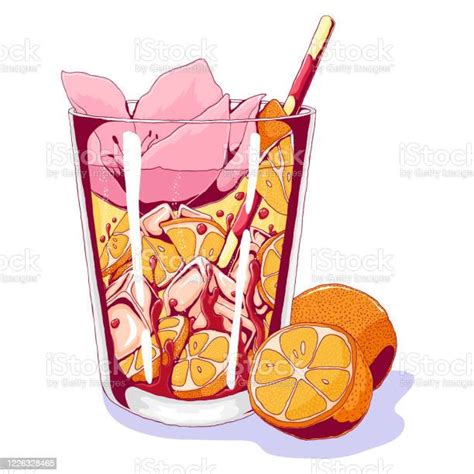 오렌지 과일과 열대 꽃테킬라 일출 흰색 배경에 고립 된 인기있는 해변 칵테일의 벡터 손으로 그린 그림 파티 축 하 컨셉 현대적인