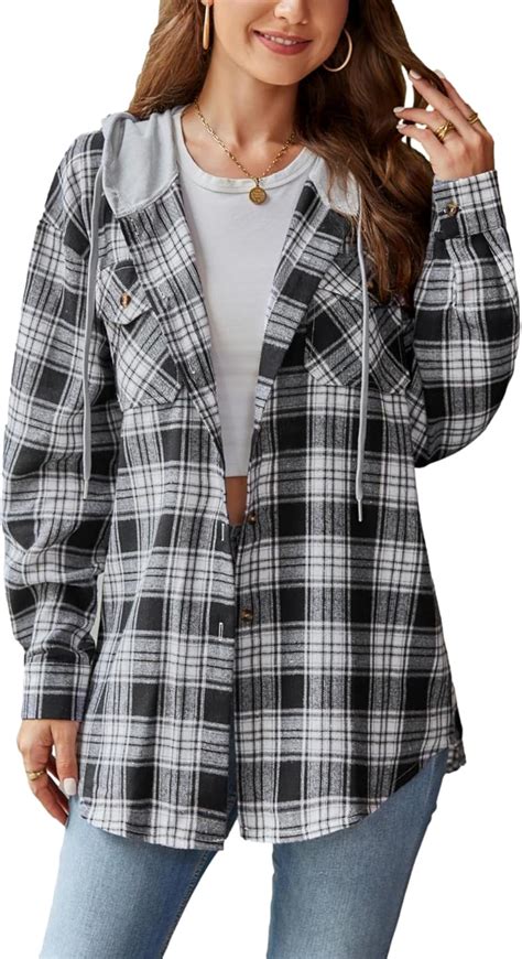 Mingzhu Womens Casual Hooded Flannel Plaid Shirts Button Down Hoodie
