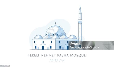테켈리 메흐멧 파샤 모스크 안탈리아 터키 안탈리아의 유명한 랜드 마크 관광객 명소 스카이 라인 벡터 일러스트 레이션 웹 페이지 모바일 앱 및 폴리 그래피라인 그래픽 모스크에