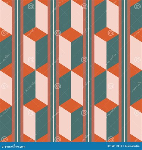 Unusual 3d Effect Rectangle Block And Stripe Design In Teal Orange And Pastel Pink Seamless