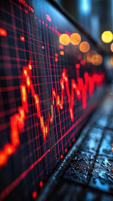 Red Stock Market Graph Line Depicting Declining Trend With Blurred Lights Stock Illustration