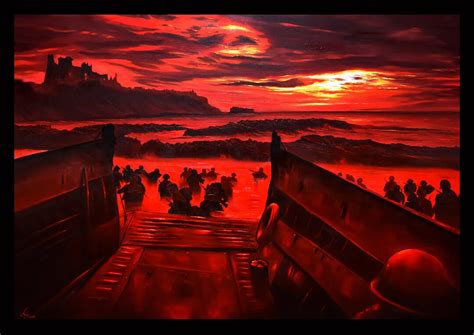 Storming The Beaches War Scene Hellscape Scene Oil Painting Print By