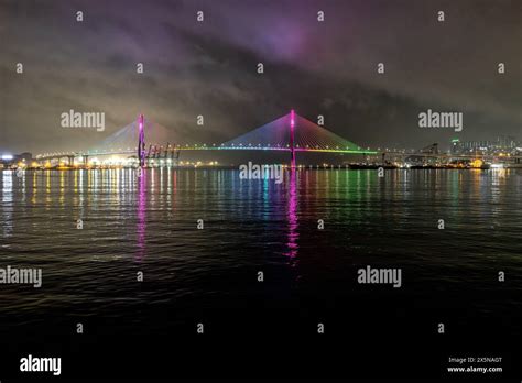 The Gwangan Bridge Or Diamond Bridge At Night Seen From Gwangalli Beach