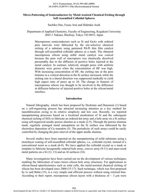 Pdf Micro Patterning Of Semiconductors By Metal Assisted Chemical Etching Through Self