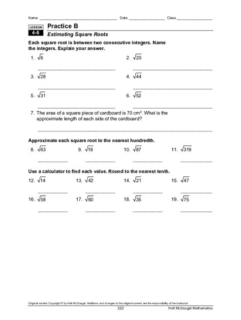 Fillable Online Middlehigh Somersetsilverpalms Estimating Square Roots
