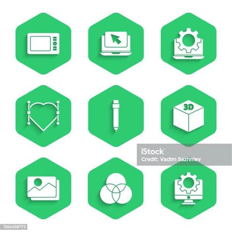 지우개 Rgb 및 Cmyk 색상 믹싱 컴퓨터 모니터 기어 이소메트릭 큐브 그림 풍경 하트 베지어 곡선 노트북 및 그래픽 태블릿 아이콘으로 연필을 설정합니다 벡터 3차원