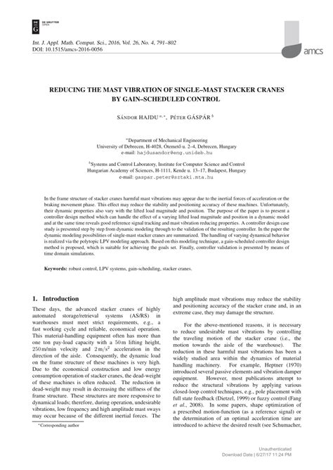 Pdf Reducing The Mast Vibration Of Single Mast Stacker Cranes By Gain