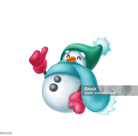 스카프와 모자를 쓴 귀여운 눈사람 한 명이 엄지손가락을 들고 있습니다 흰색에 고립 된 새해 만화 일러스트 레이션 12월에 대한