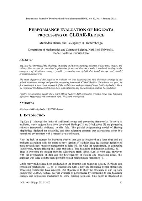 performance evaluation of big data processing of cloak reduce pdf