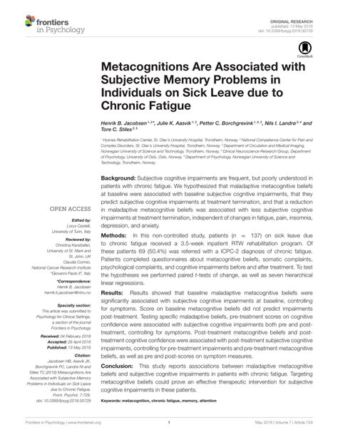 Pdf Metacognitions Are Associated With Subjective Memory Problems In Individuals On Sick Leave