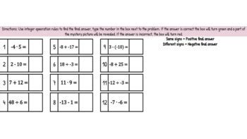 Self Checking Integer Operations DIGITAL PICTURE REVEAL PRINTABLE WORKSHEET