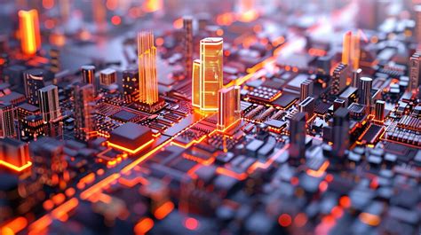 A Futuristic City Built On A Circuit Board With Glowing Orange Lights Premium Ai Generated Image
