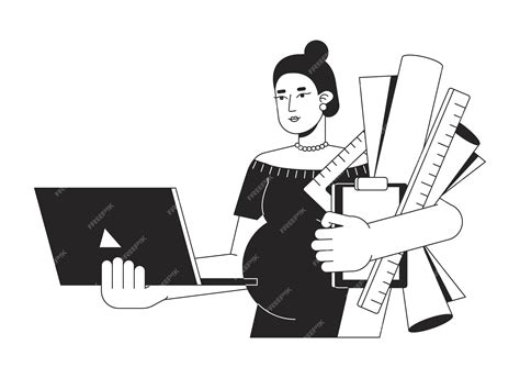 노트북 눈금자를 가진 여자 Bw 개념 벡터 자리 그림 웹 Ui 디자인을 위한 임신한 건축가 2d 만화 플랫 라인 단색 문자 편집