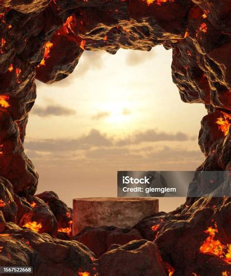 Abstact 3d 렌더링 플랫폼 백그론드 용암과 마그마의 돌 연단과 제품 전시 쇼케이스 모형 등을 위해 화산 동굴에서 제련된 암석 바위에 대한 스톡 사진 및 기타 이미지