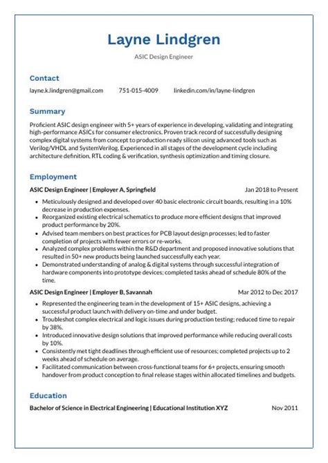 ASIC Design Engineer Resume CV Example And Writing Guide