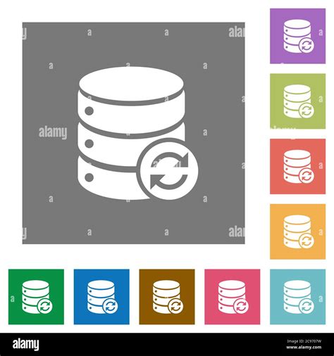 syncronize database flat icons on simple color square backgrounds stock