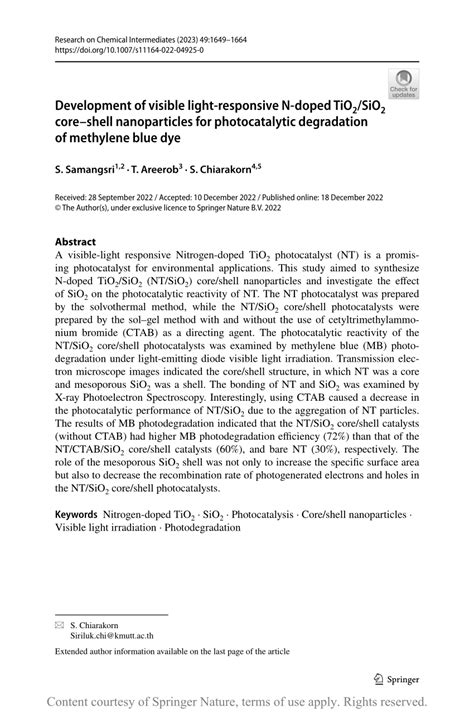 development of visible light responsive n doped tio2 sio2 core shell