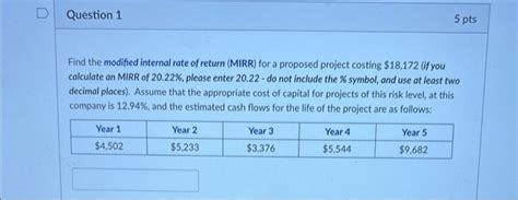 solved find the modified internal rate of return mirr for