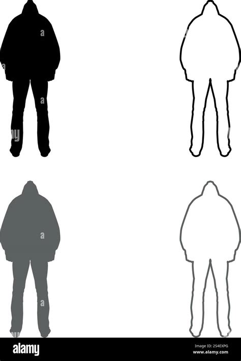Man In The Hood Concept Danger Silhouette Back Side Icon Set Grey Black Color Vector