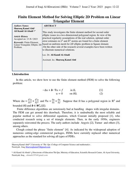 Pdf Finite Element Method For Solving Elliptic 2d Problem On Linear Triangular Element