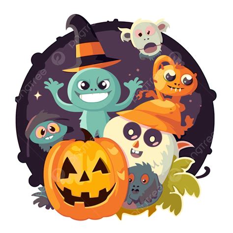 Cartoon Characters And The Pumpkin On Halloween Background Clipart