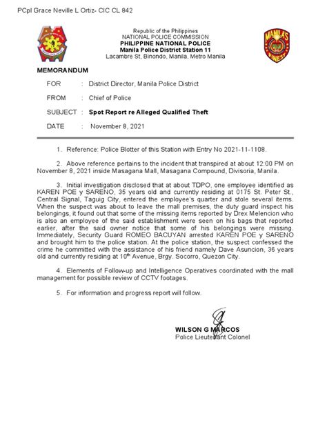 Spot Report On Alleged Qualified Theft Pdf