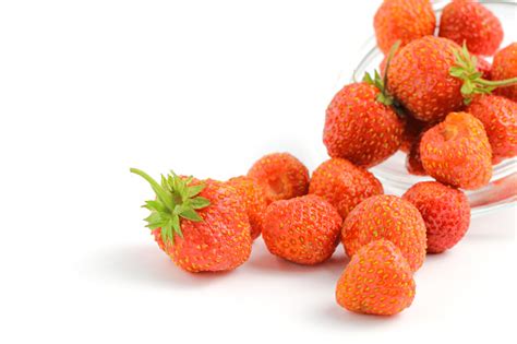 흰색 배경에 유기농 달콤한 딸기의 열매를 흩어 놓고 클로즈업하고 분리합니다 텍스트를 위해 배치하고 공간을 복사합니다 0명에 대한 스톡 사진 및 기타 이미지 Istock