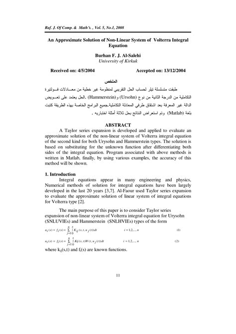 Pdf An Approximate Solution Of Non Linear System Of Volterra Integral